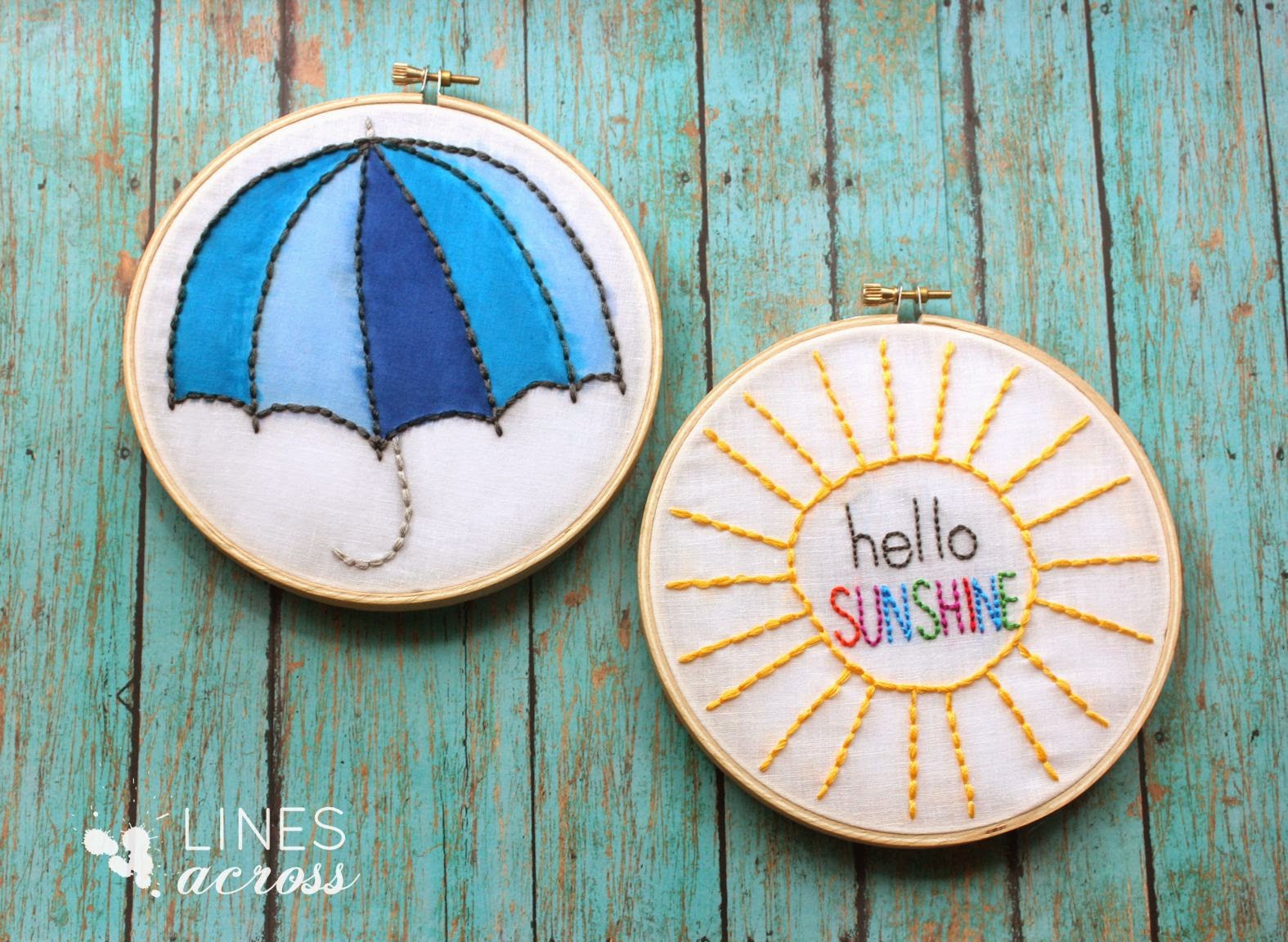 Hello Sunshine and Umbrella Embroidery Hoops - Lines Across